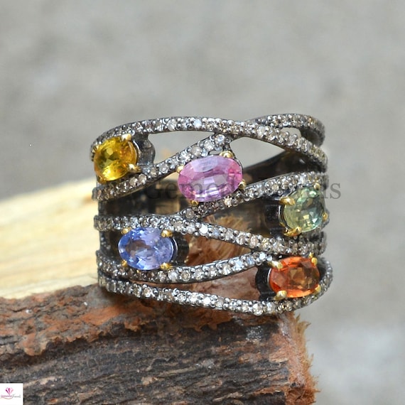 Sale Genuine Multi Sapphire Ring 925 Sterling Silver | Etsy