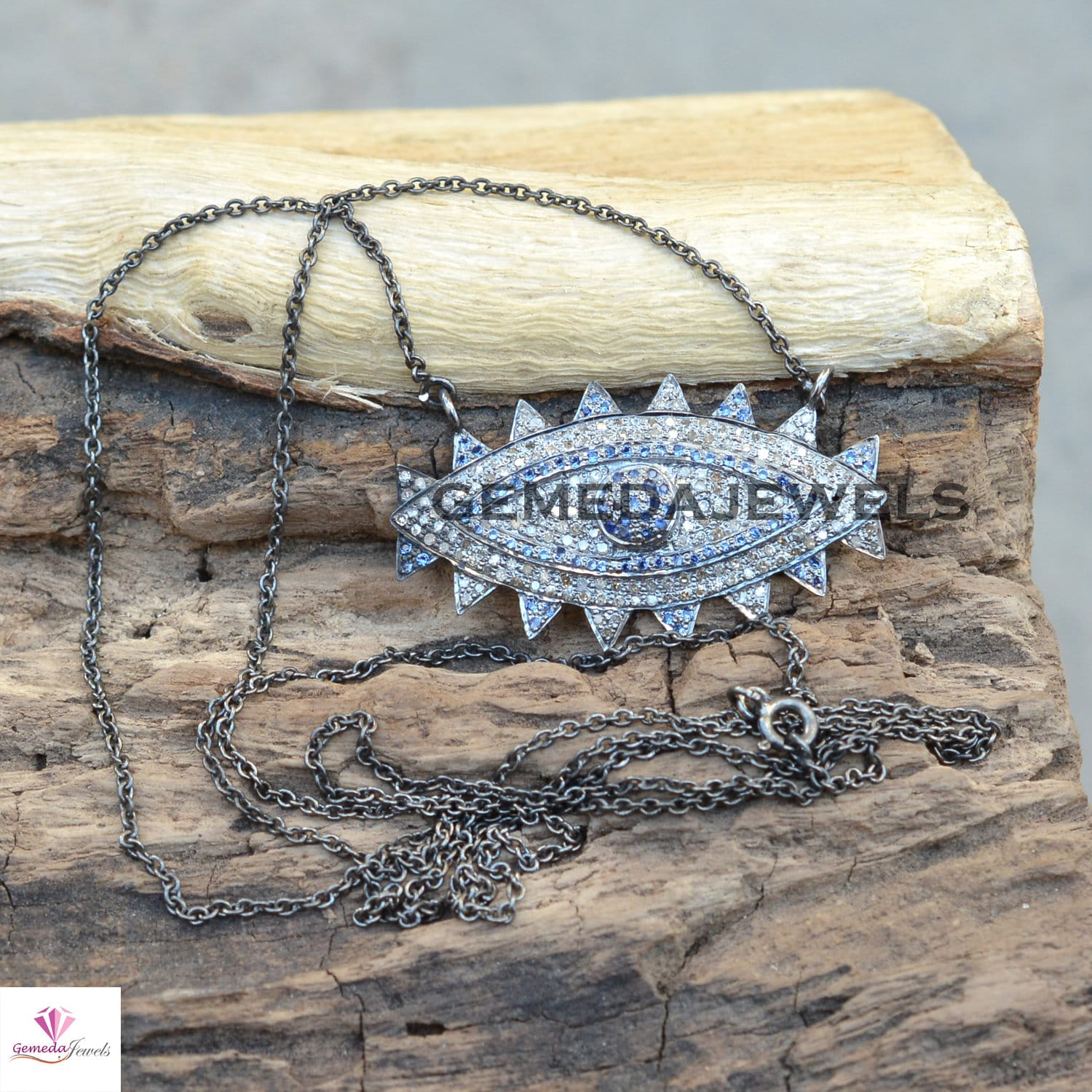 Pave Diamond Evil Eye Necklace Sapphire Evil Eye Pendant 925 | Etsy