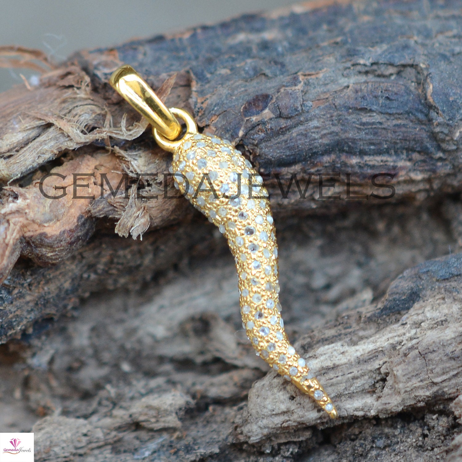 Pave Diamond Horn Pendant 925 Silver Gold Plated Jewelry | Etsy