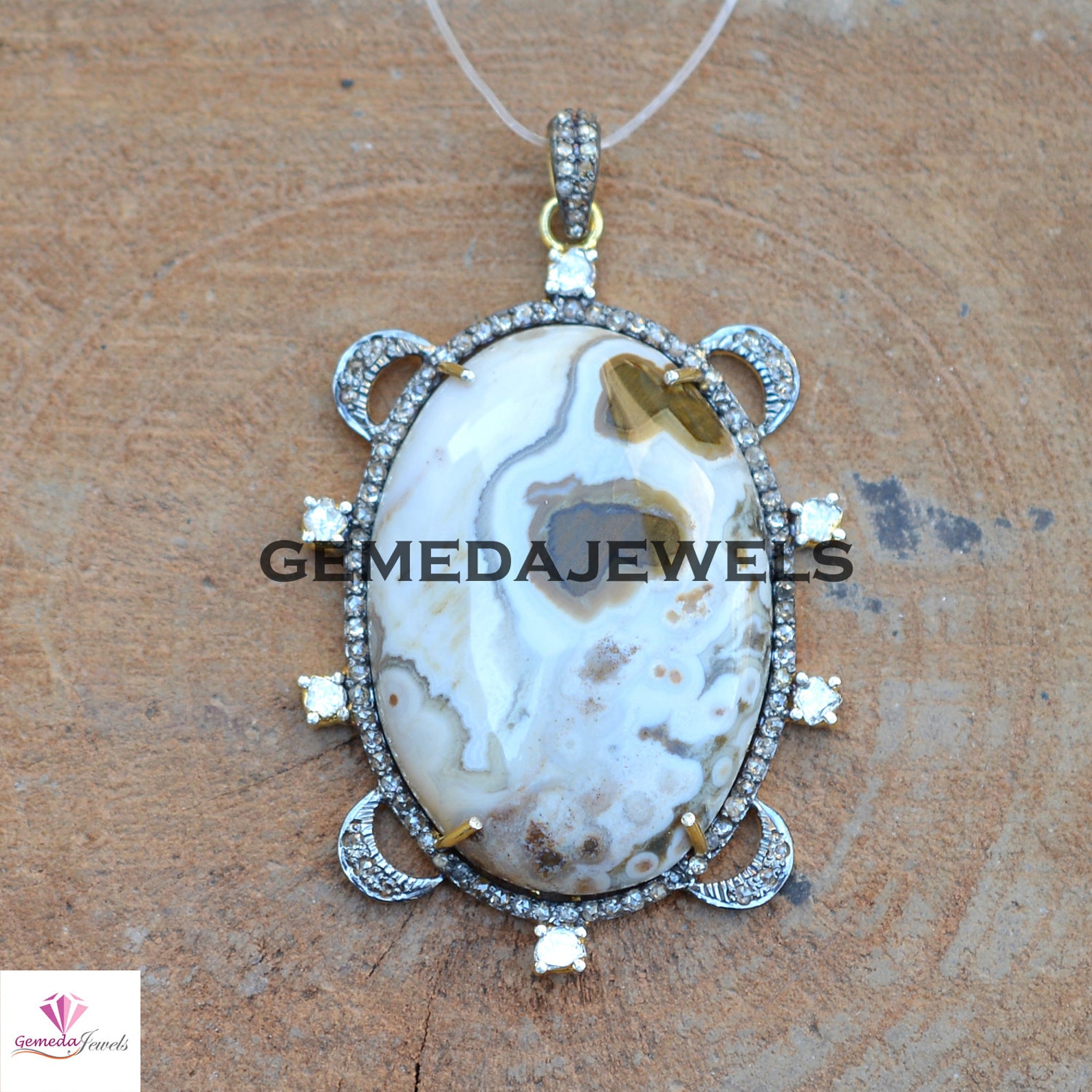 Sale Ocean Jasper Pendant Pave Diamond Jewelry 925 Silver - Etsy