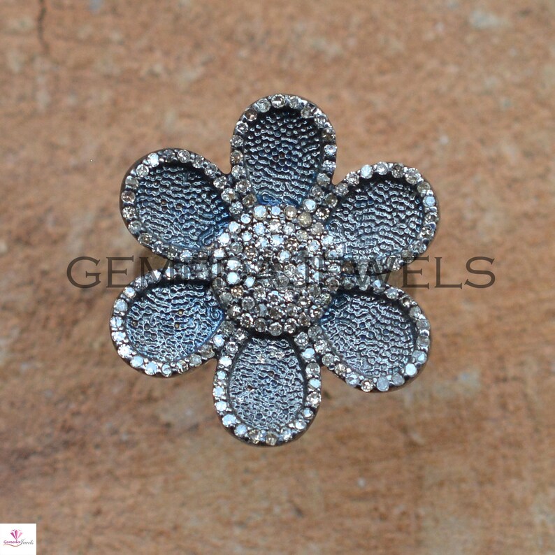 Pave Diamond Silver Ring Diamond Flower Ring Sterling Silver | Etsy