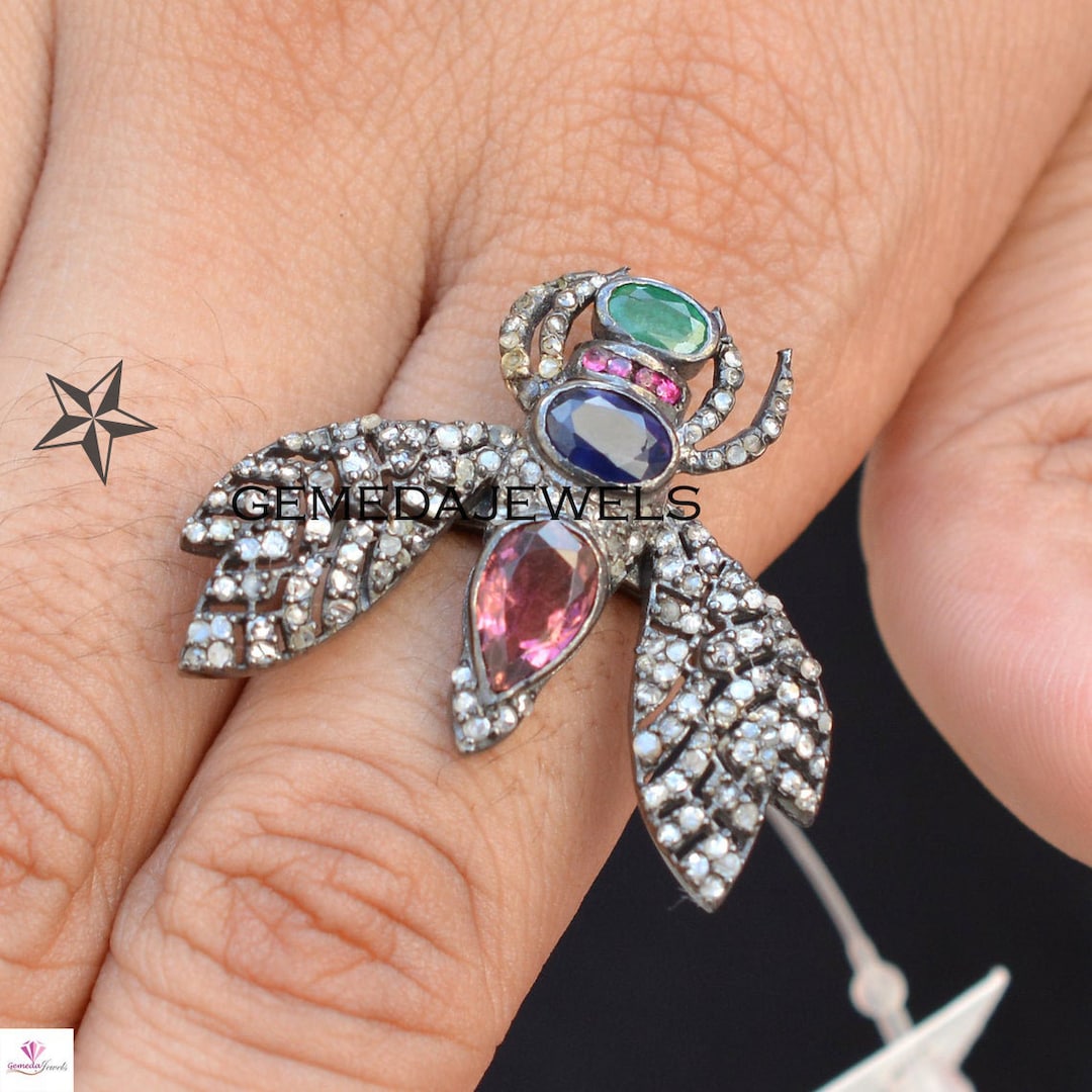 Pave Diamond Bumblebee Ring, 925 Sterling Silver Ring, Diamond Gemstone ...