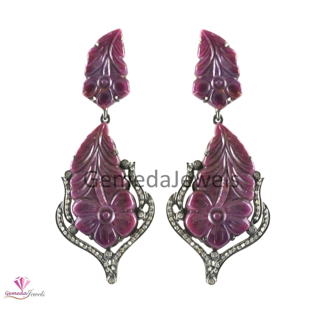 Ruby Carving Earring 0.95 CTS Natural Pave Diamond Jewelry Stylish ...