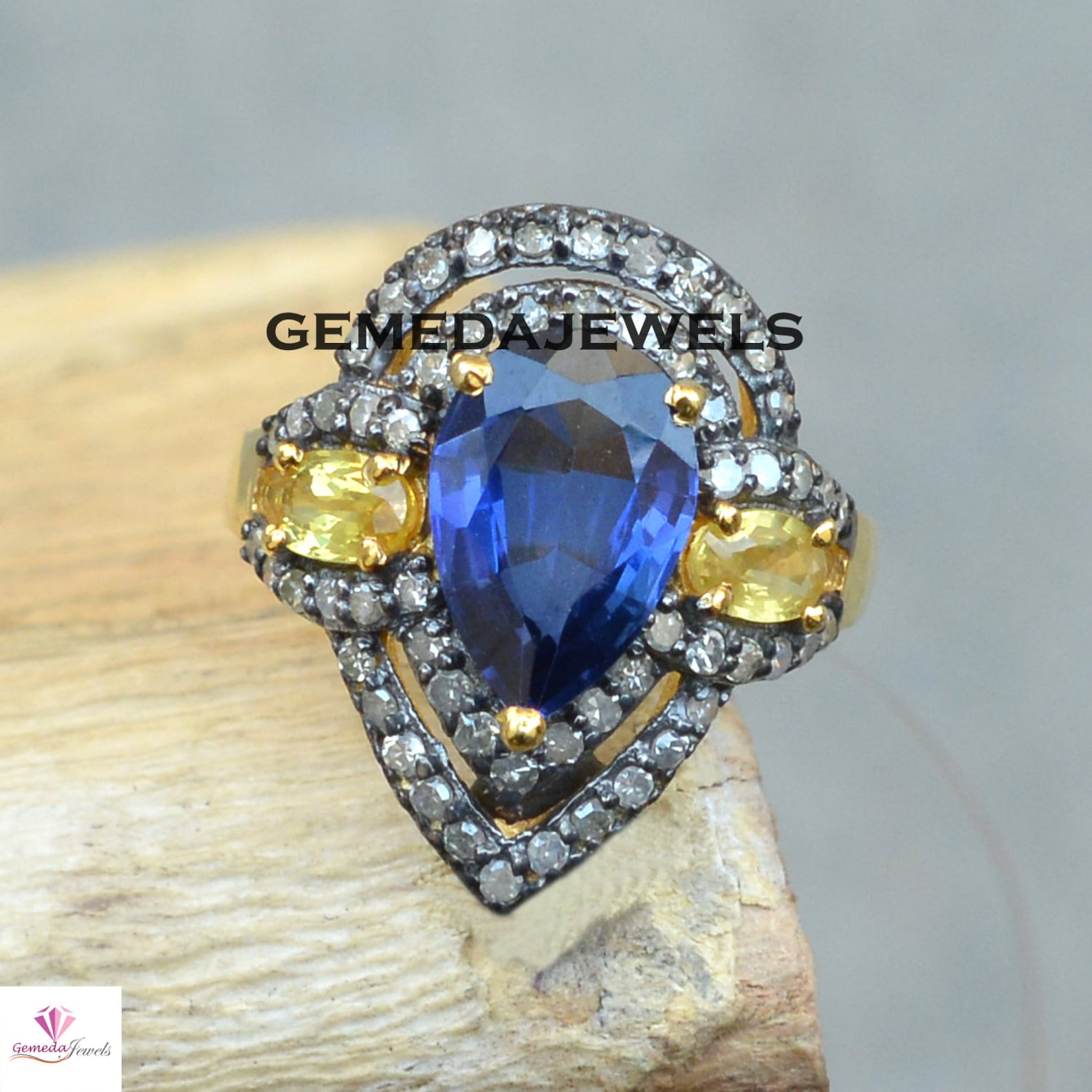 Blue Sapphire Silver Ring Citrine Gemstone Ring Diamond - Etsy