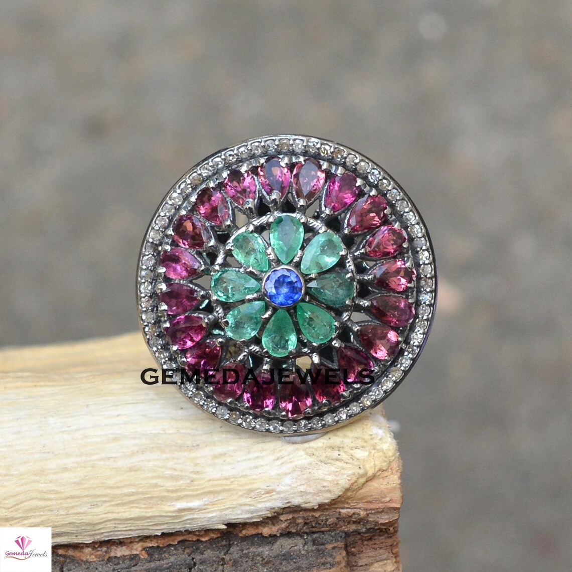Multi Gemstone Ring Pave Diamond Ring Gemstone Flower Ring | Etsy