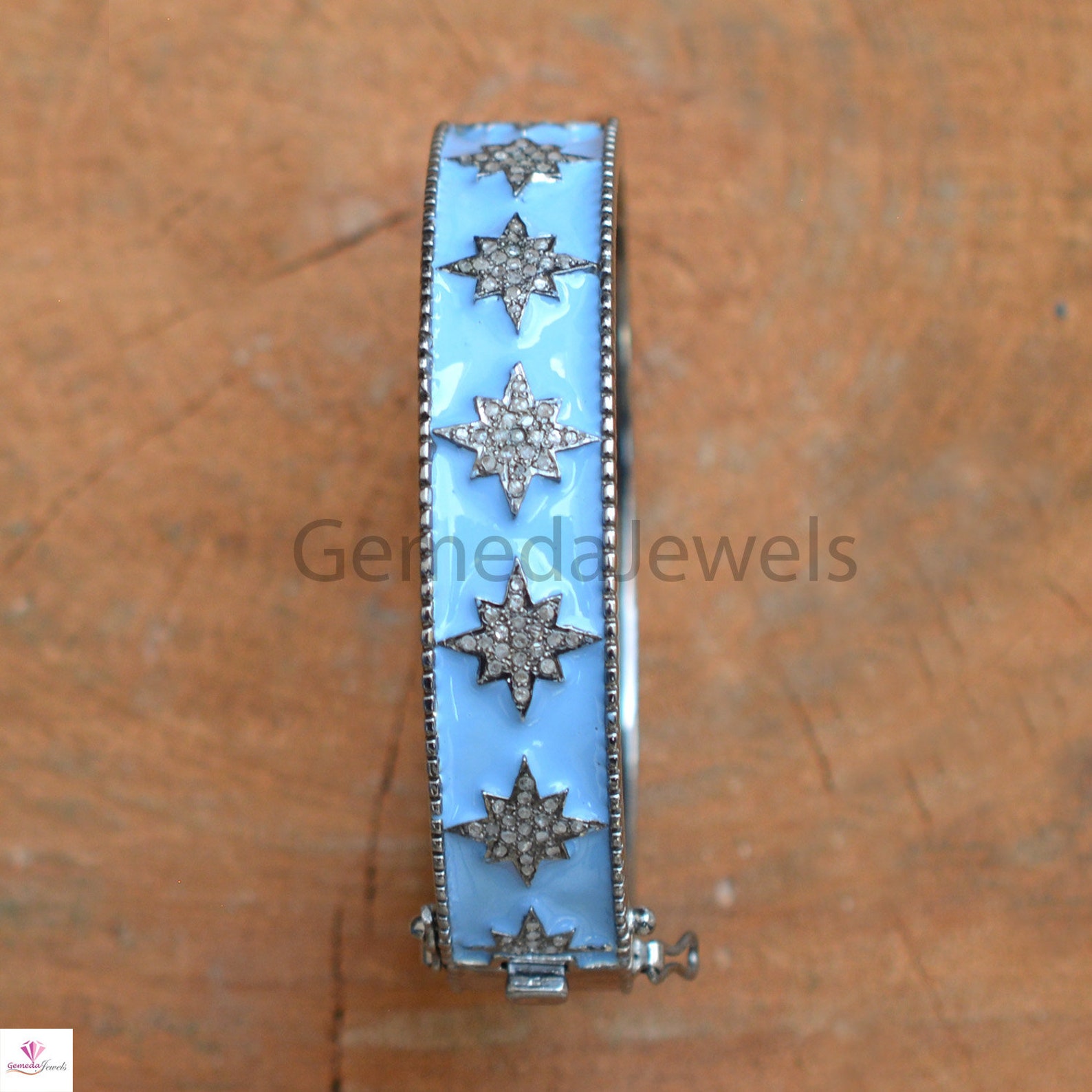 Sale Pave Diamond STAR Cuff Bangle Blue Enamel Bangle | Etsy