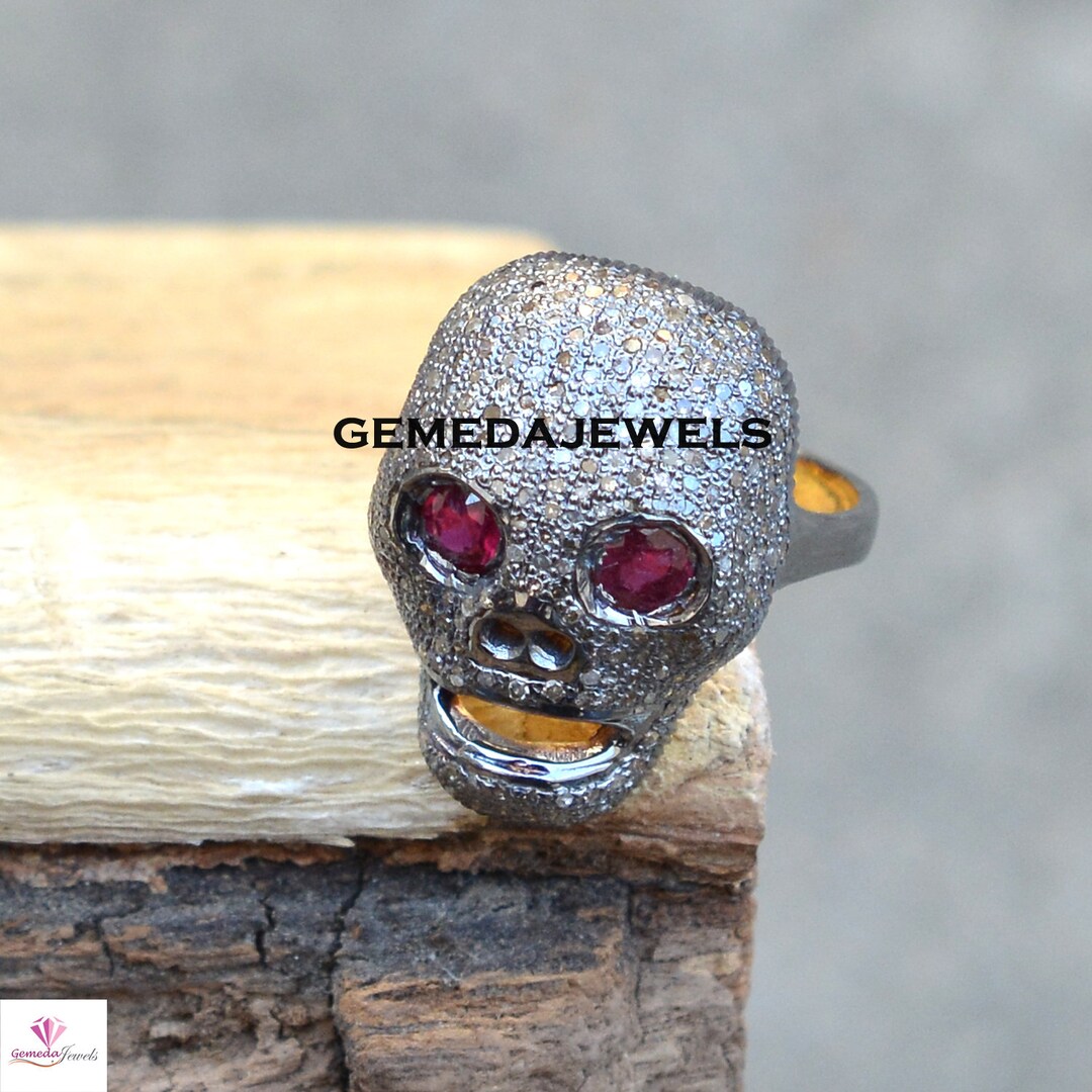Pave Diamond Skull Ring: Ruby Eyes, 925 Silver Gold Vermeil - Etsy
