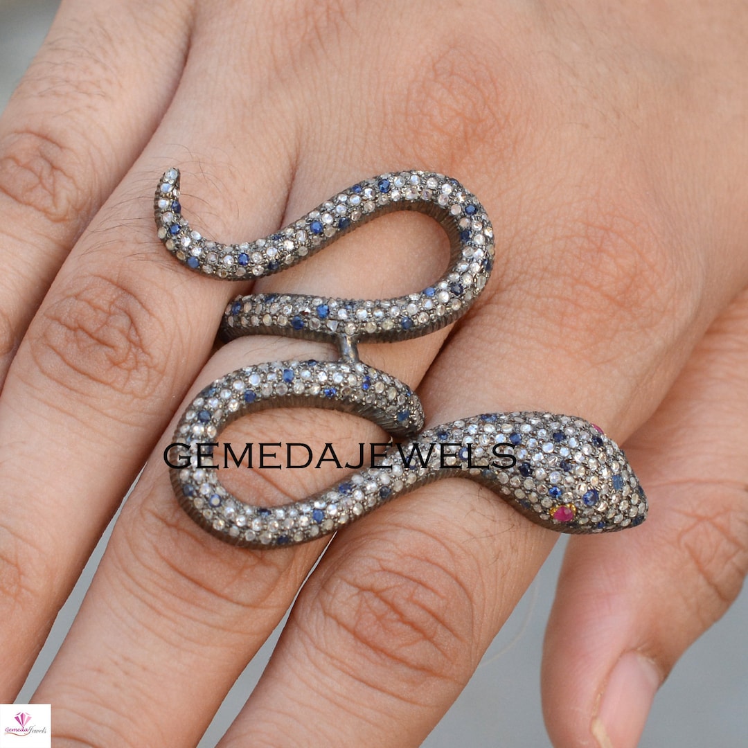 Pave Diamond Snake Ring, Sapphire Gemstone Ring, 925 Sterling Silver ...