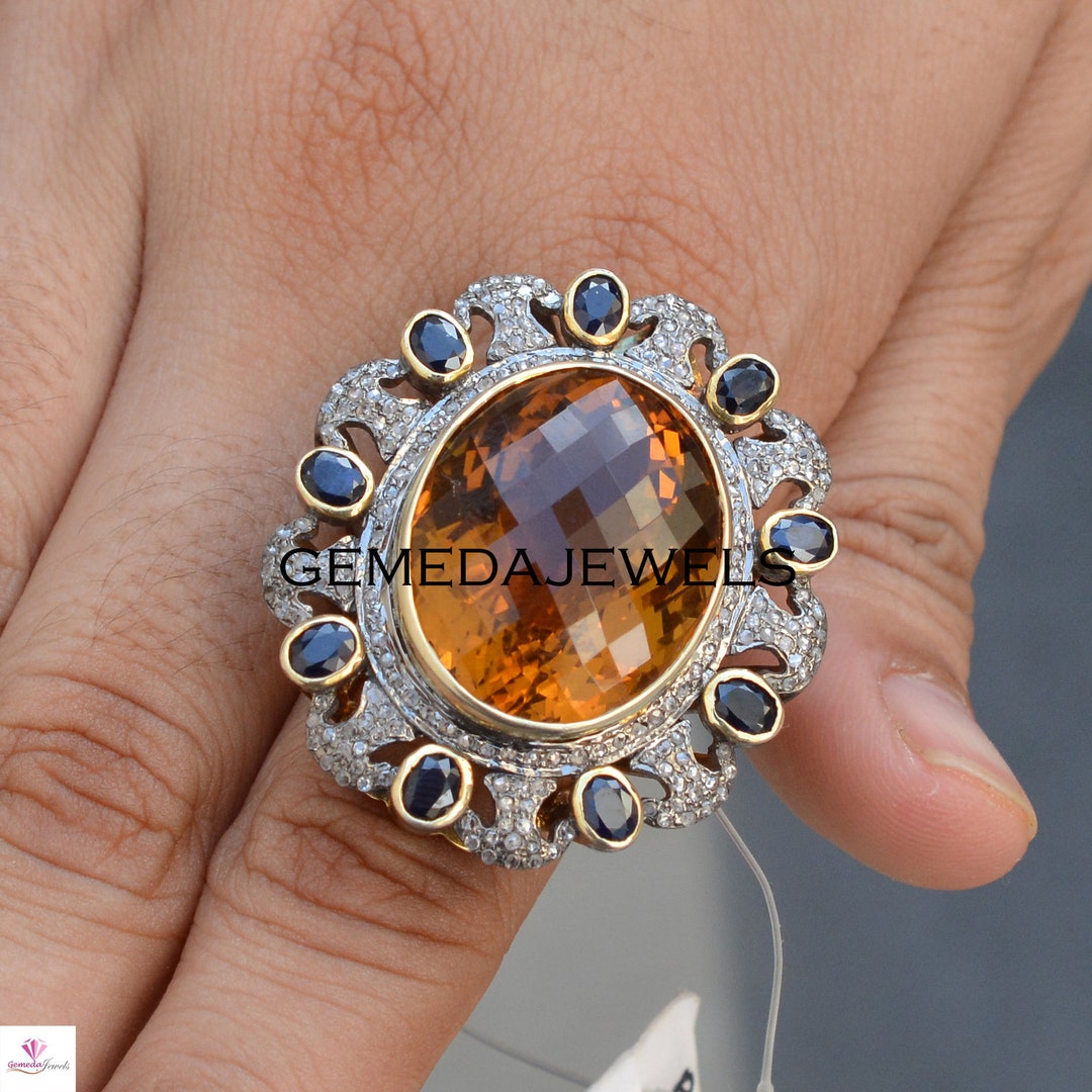 Citrine Gemstone Ring, Sapphire Gemstone Ring, Pave Diamond Flower Ring ...