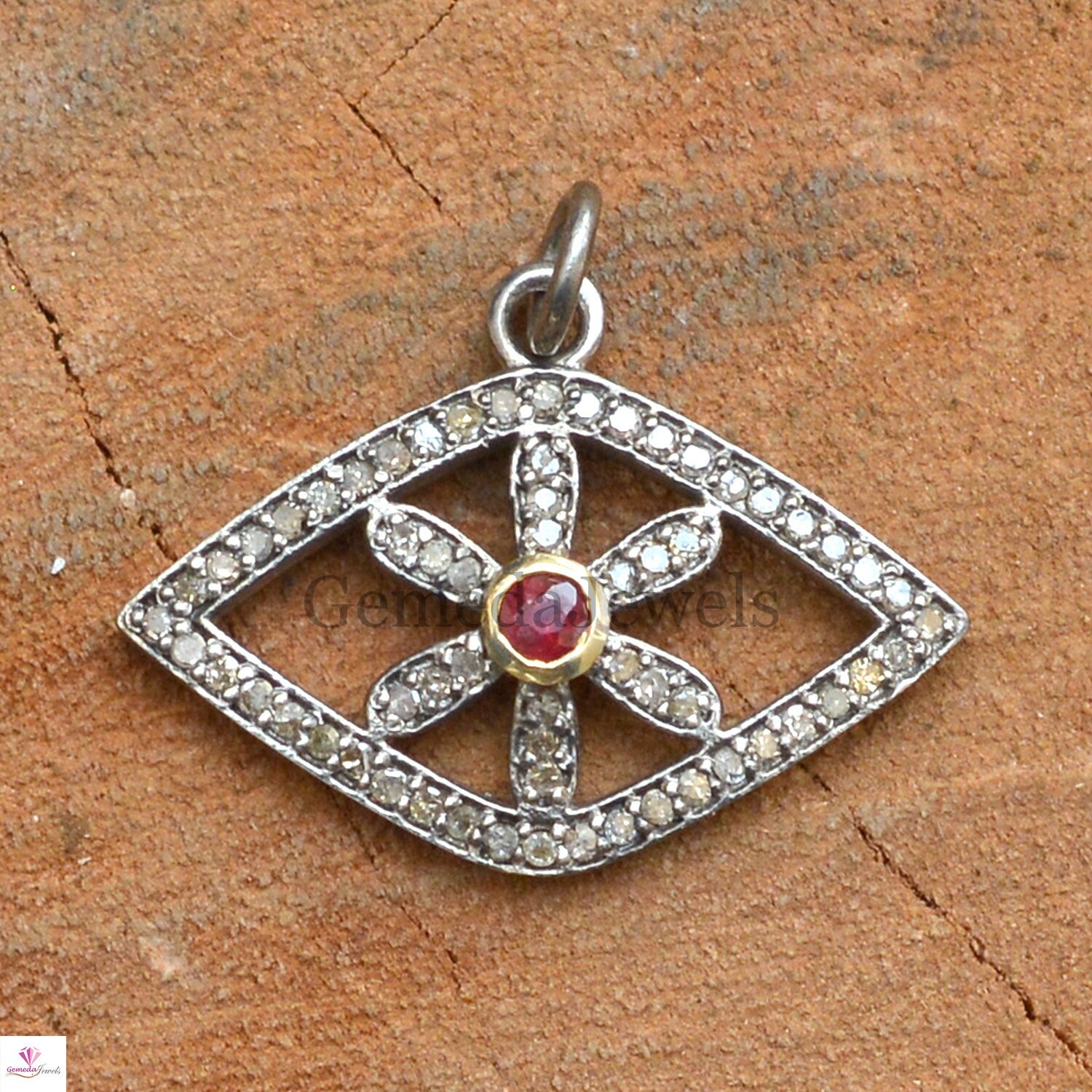 Genuine Pave Diamond Evil Eye 925 Silver Pendant Red Ruby | Etsy