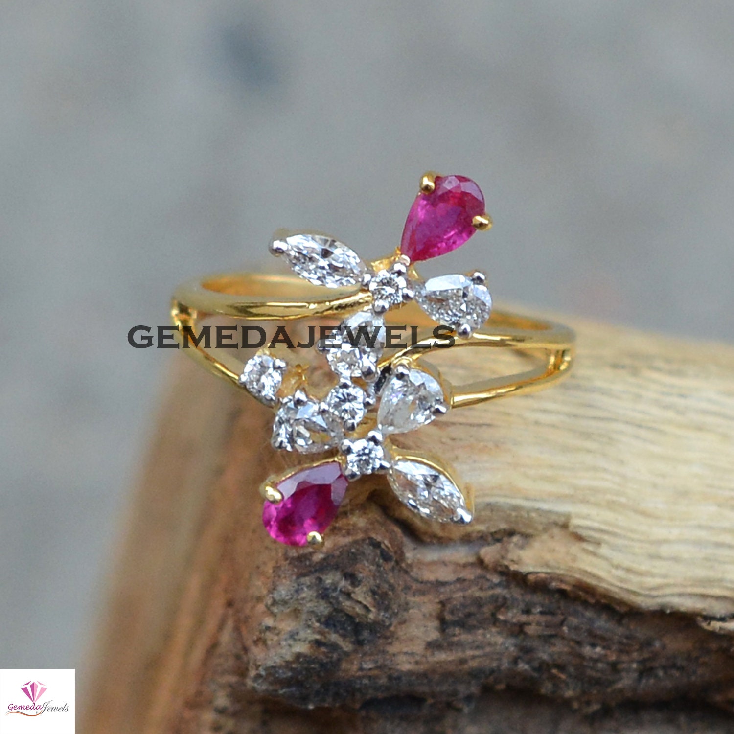 14k Yellow Gold Ring Ruby Gemstone Ring Pave Diamond Ring - Etsy