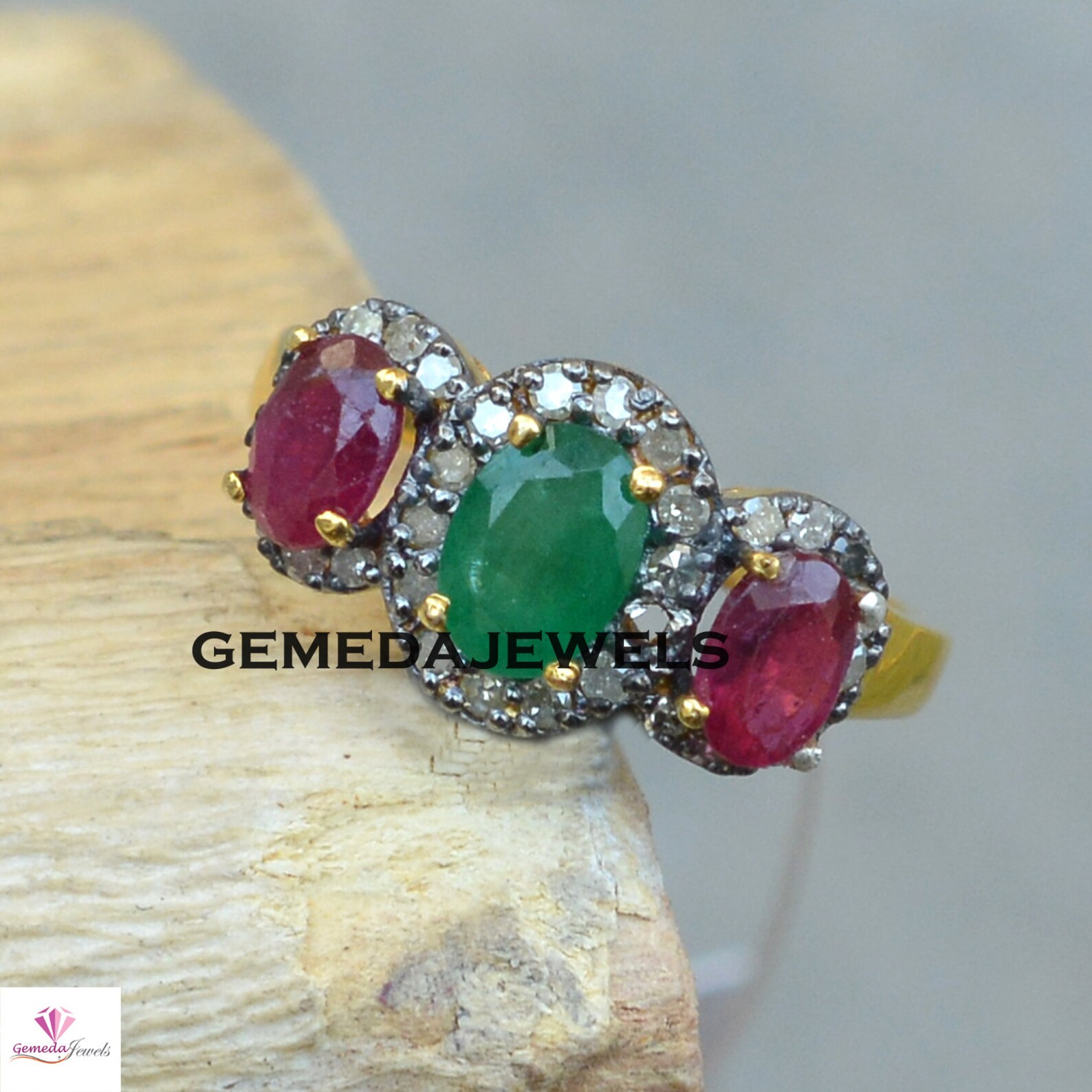 Emerald Gemstone Ring Three Stone Ring Gold Plated Jewelry | Etsy