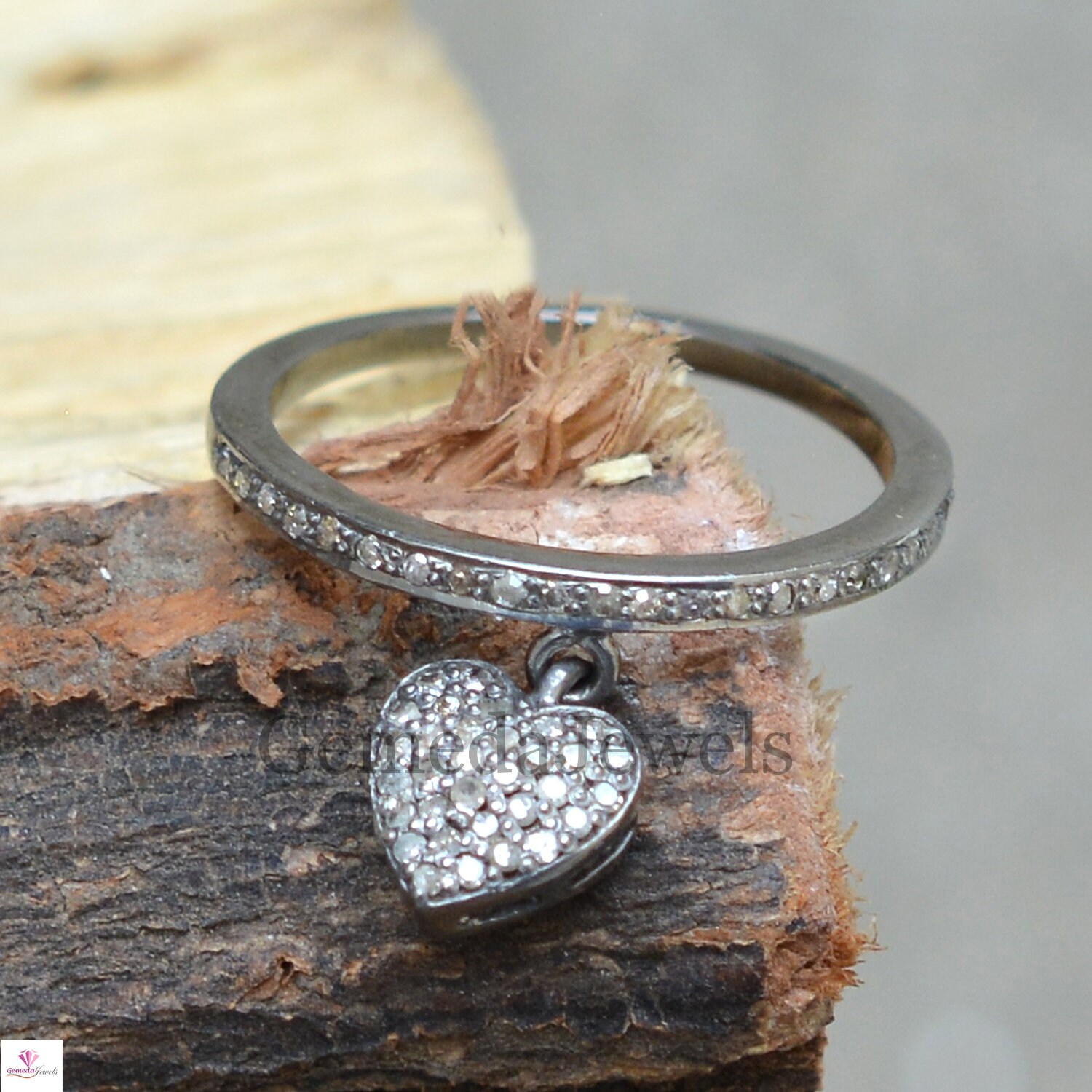 Pave Diamond Heart Charm Ring: 925 Sterling Silver Band - Etsy