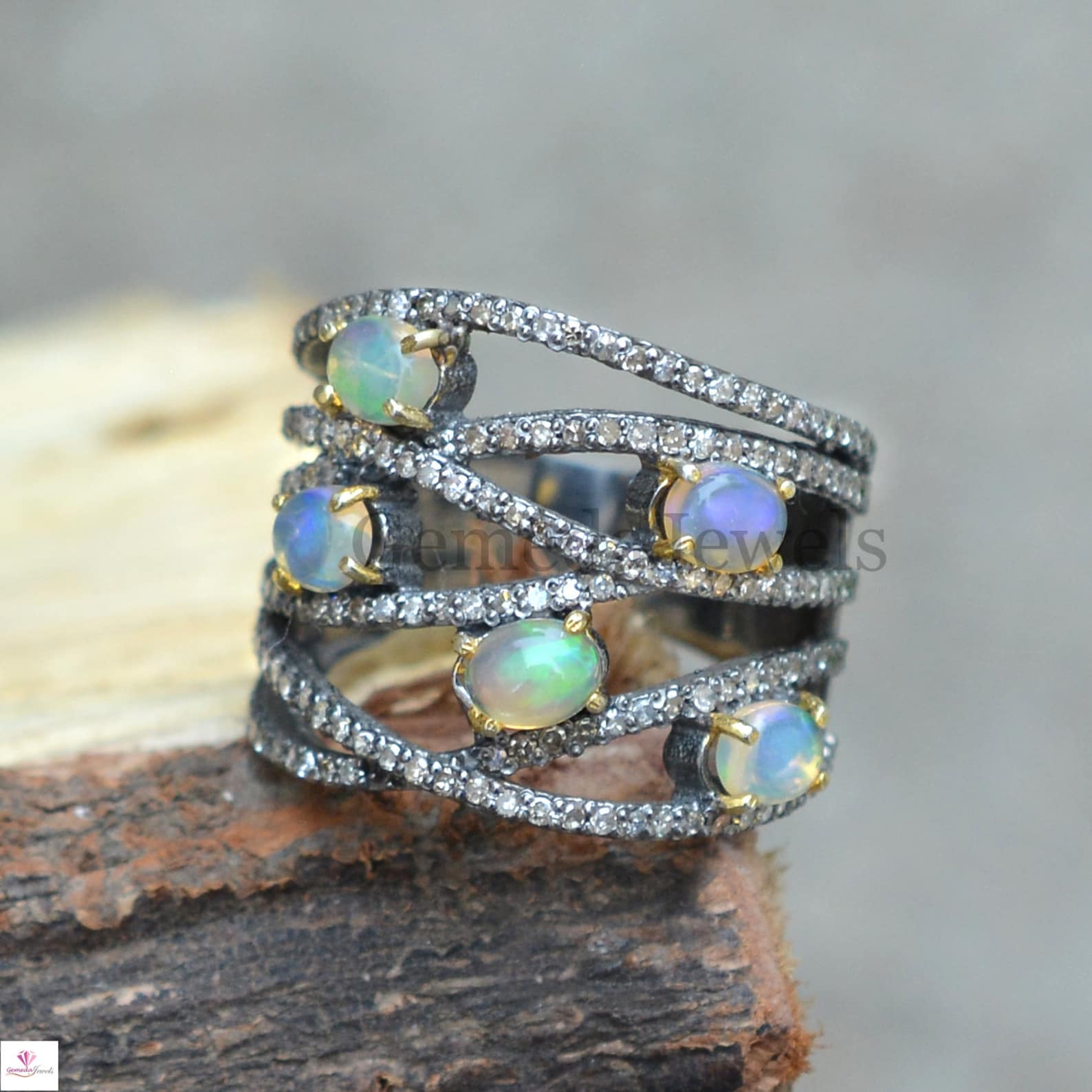 Opal Gemstone Ring 925 Sterling Silver Jewelry Genuine Pave | Etsy