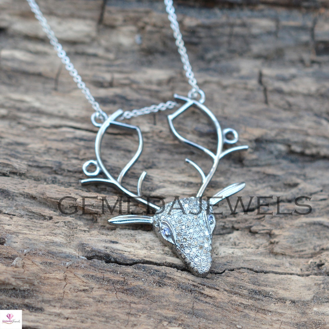 Pave Diamond Pendant Deer Antler Necklace 925 Silver - Etsy