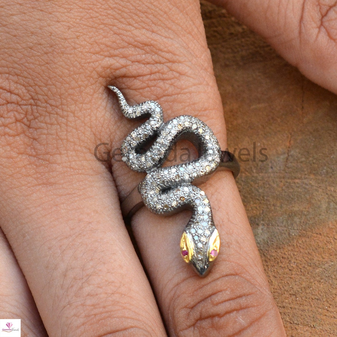 Red Eye Snake Ring, Pave Diamond Snake Ring, Diamond Ruby Jewelry, 925 ...