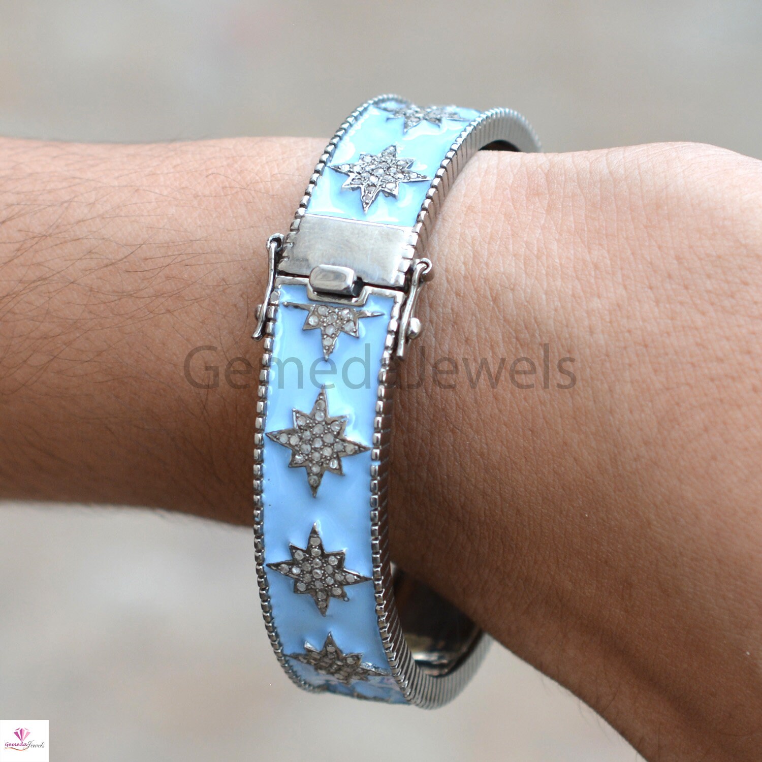 Sale Pave Diamond STAR Cuff Bangle Blue Enamel Bangle | Etsy