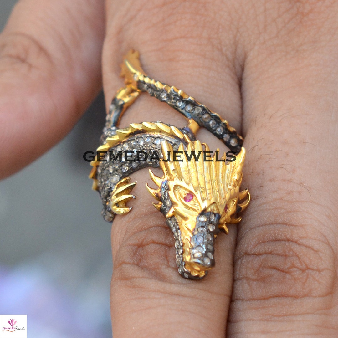 Pave Diamond Dragon Ring, 925 Silver Jewelry, Gold Plated Ring, Fantasy ...