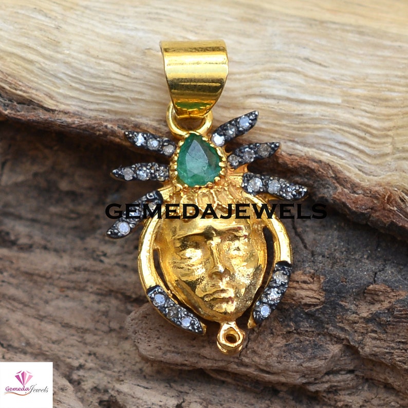 Pave Diamond God Face Pendant Emerald Gemstone Pendant - Etsy