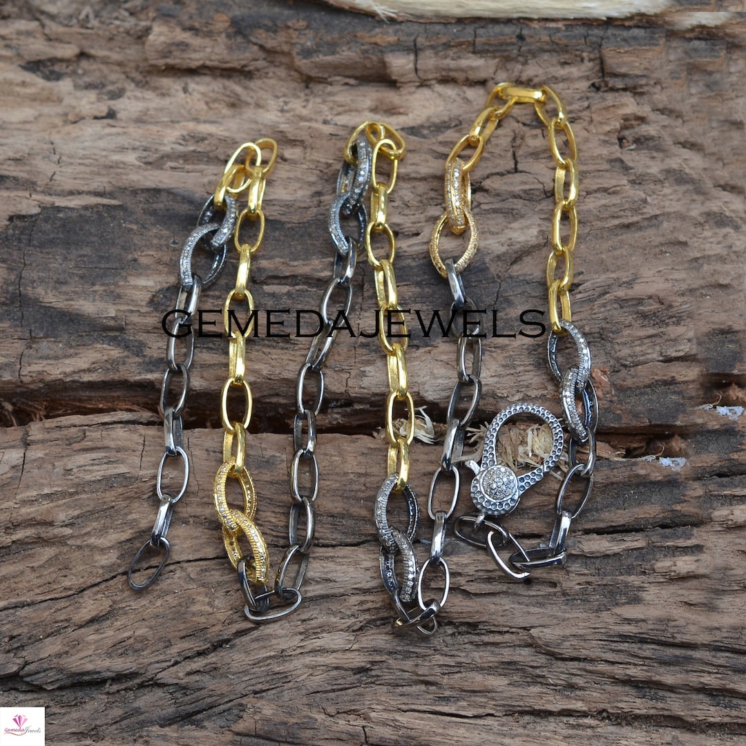 Two-tone Long Link Chain, Pave Diamond Necklace, Gold Plated Chain ...