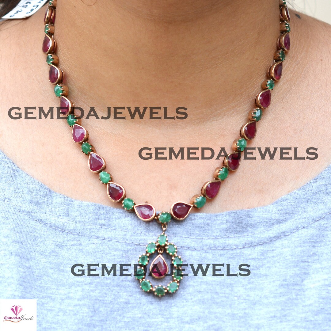 Ruby Gemstone Necklace, Emerald Silver Necklace Jewelry, Gemstone 925 ...