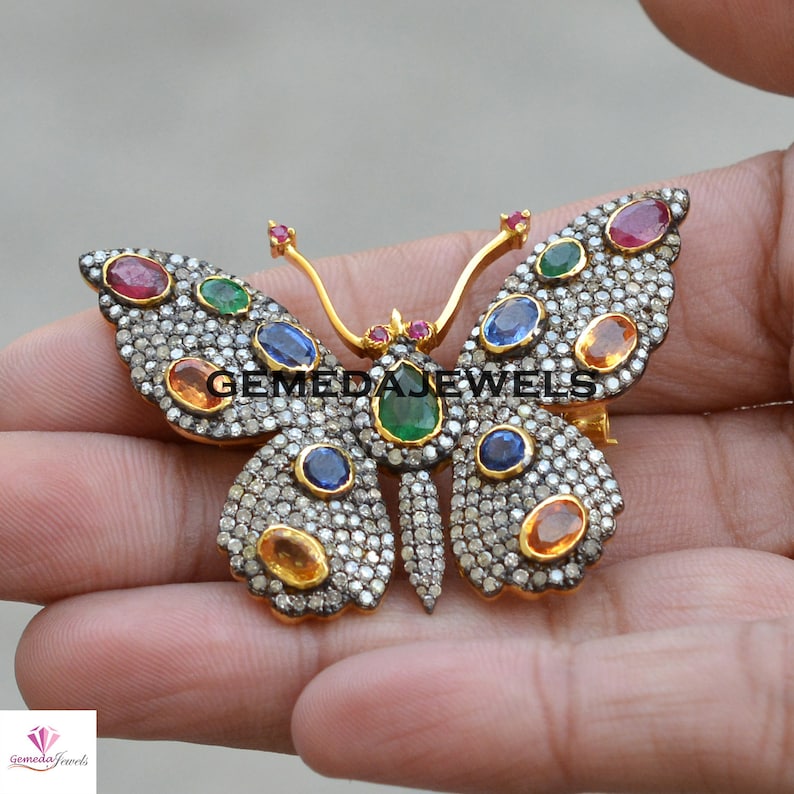 Multi Gemstone Brooch Butterfly Brooch Pin Pave Diamond | Etsy