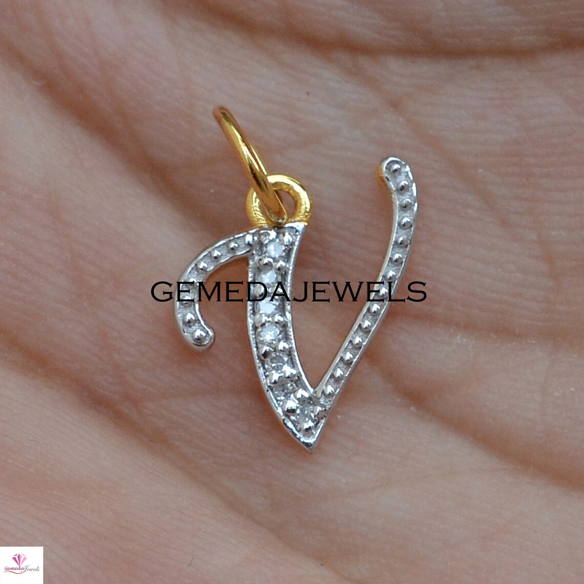 Pave Diamond Initial V Pendant: 14k Yellow Gold Charm - Etsy
