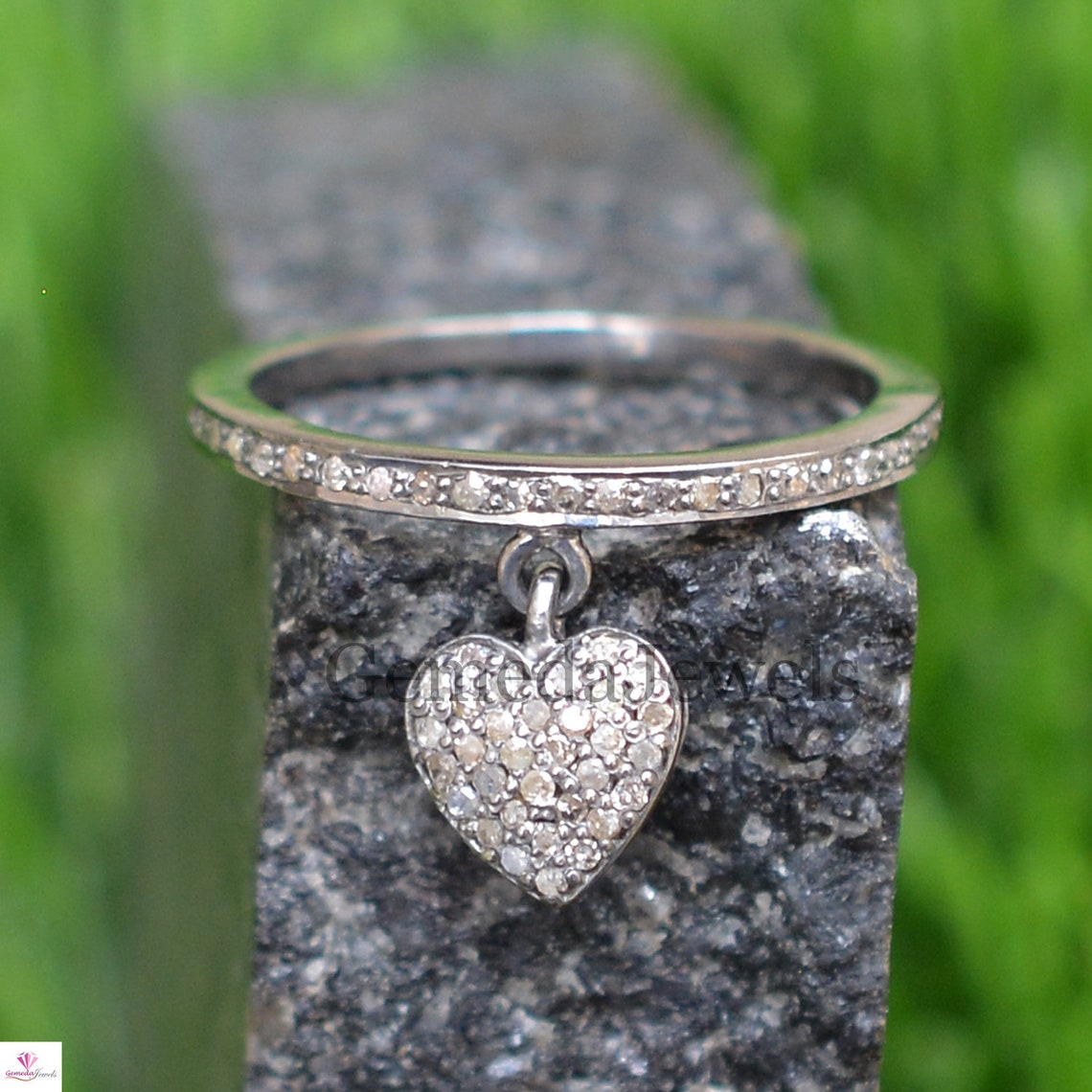 Pave Diamond Heart Charm Ring: 925 Sterling Silver Band - Etsy