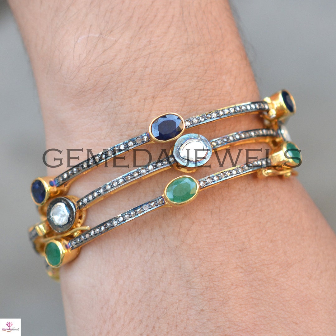 Polki Diamond Bangle: Blue Sapphire, Emerald, Gold Vermeil 925 Silver ...