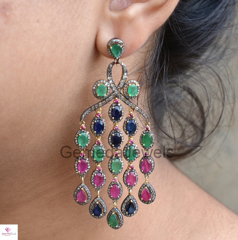 Multi-color Gemstone Earring Pave Diamond Earrings 14k Gold - Etsy