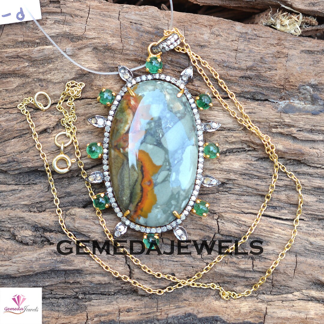 Jasper & Emerald Pendant: Pave Diamond 925 Silver Gold-plated Necklace ...