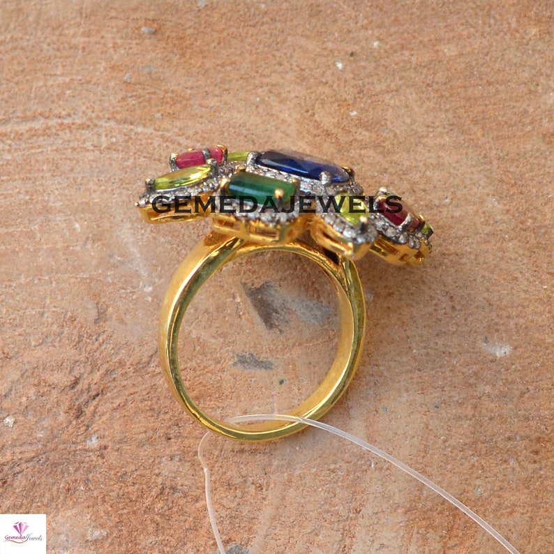 Multi Gemstone Ring Gemstone Flower Ring Pave Diamond Ring | Etsy