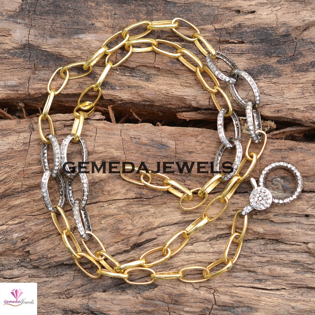 Pave Diamond Link Chain, 925 Silver Jewelry, Diamond Clasp Lock, Gold ...