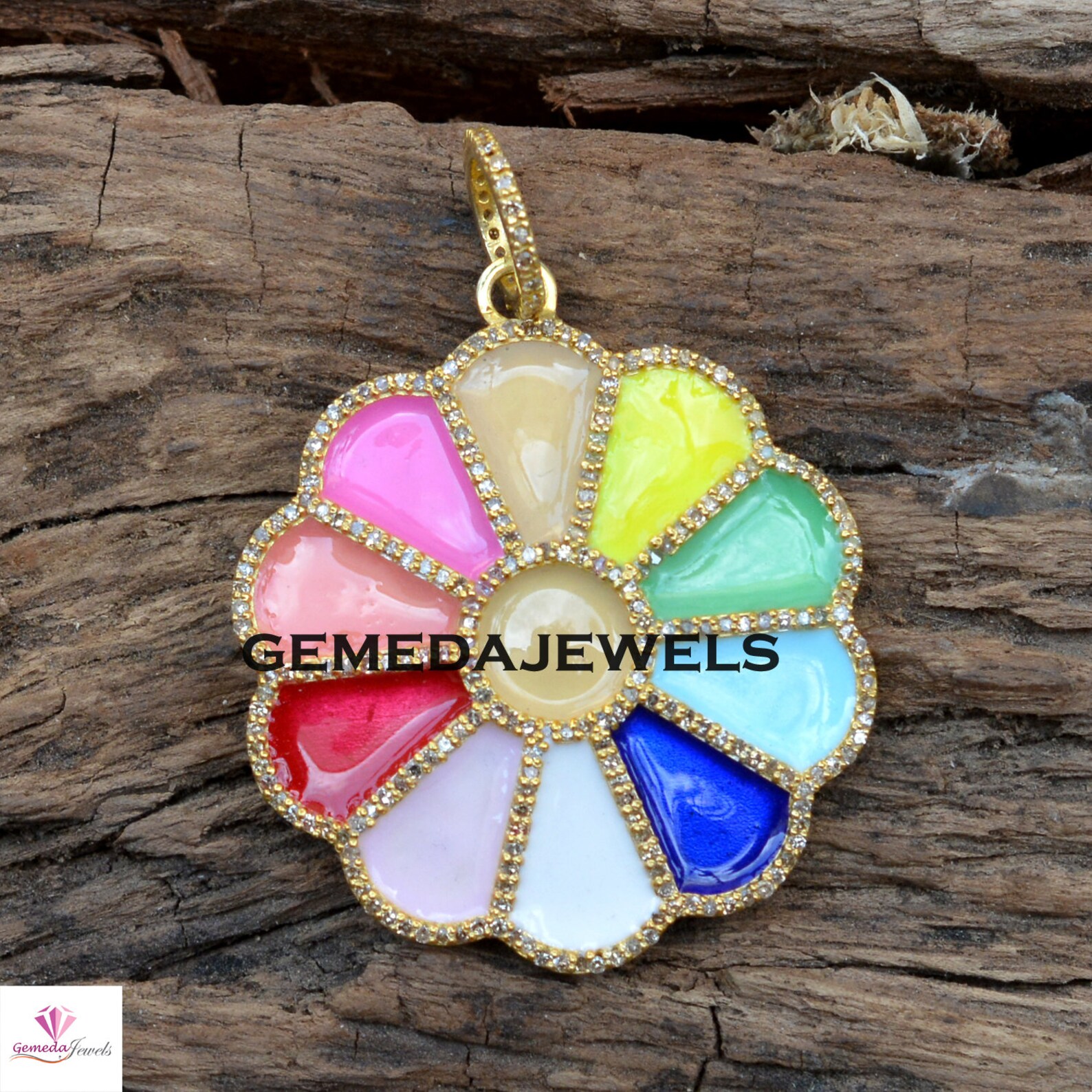 Pave Diamond Floral Pendant: Multi-color Enamel, 925 Silver Necklace ...