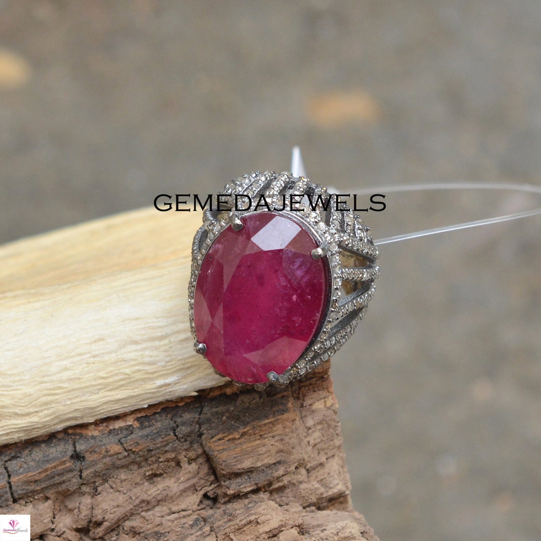 Sale!! Red Ruby Ring, Pave Diamond Jewelry, 925 Sterling Silver Ring ...