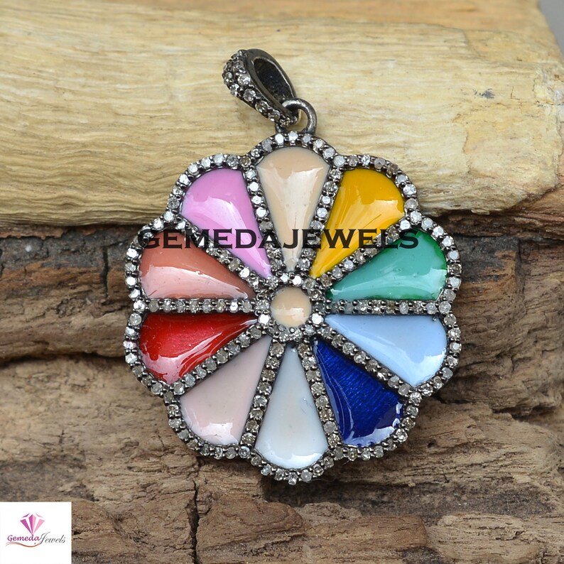 Multi Color Enamel Pendant Pave Diamond Pendant Silver - Etsy