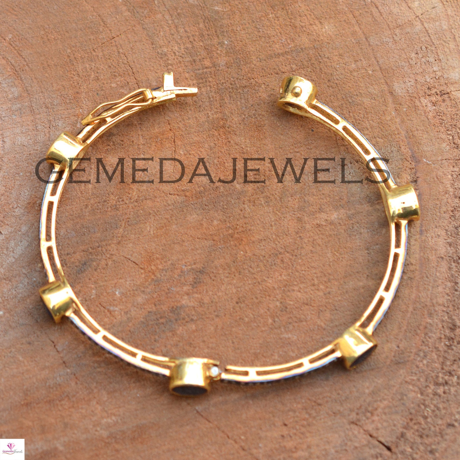 Polki Diamond Bangle: Blue Sapphire, Emerald, Gold Vermeil 925 Silver ...