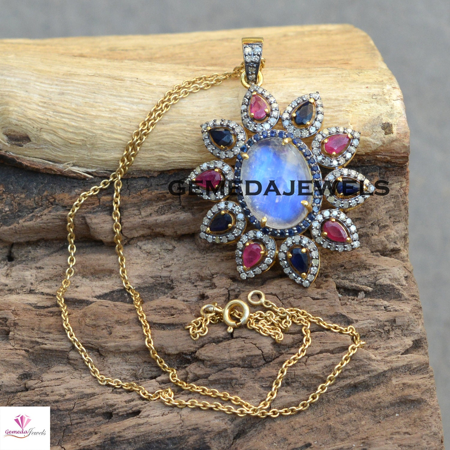 Moonstone Flower Pendant Pave Diamond Jewelry 925 Silver | Etsy