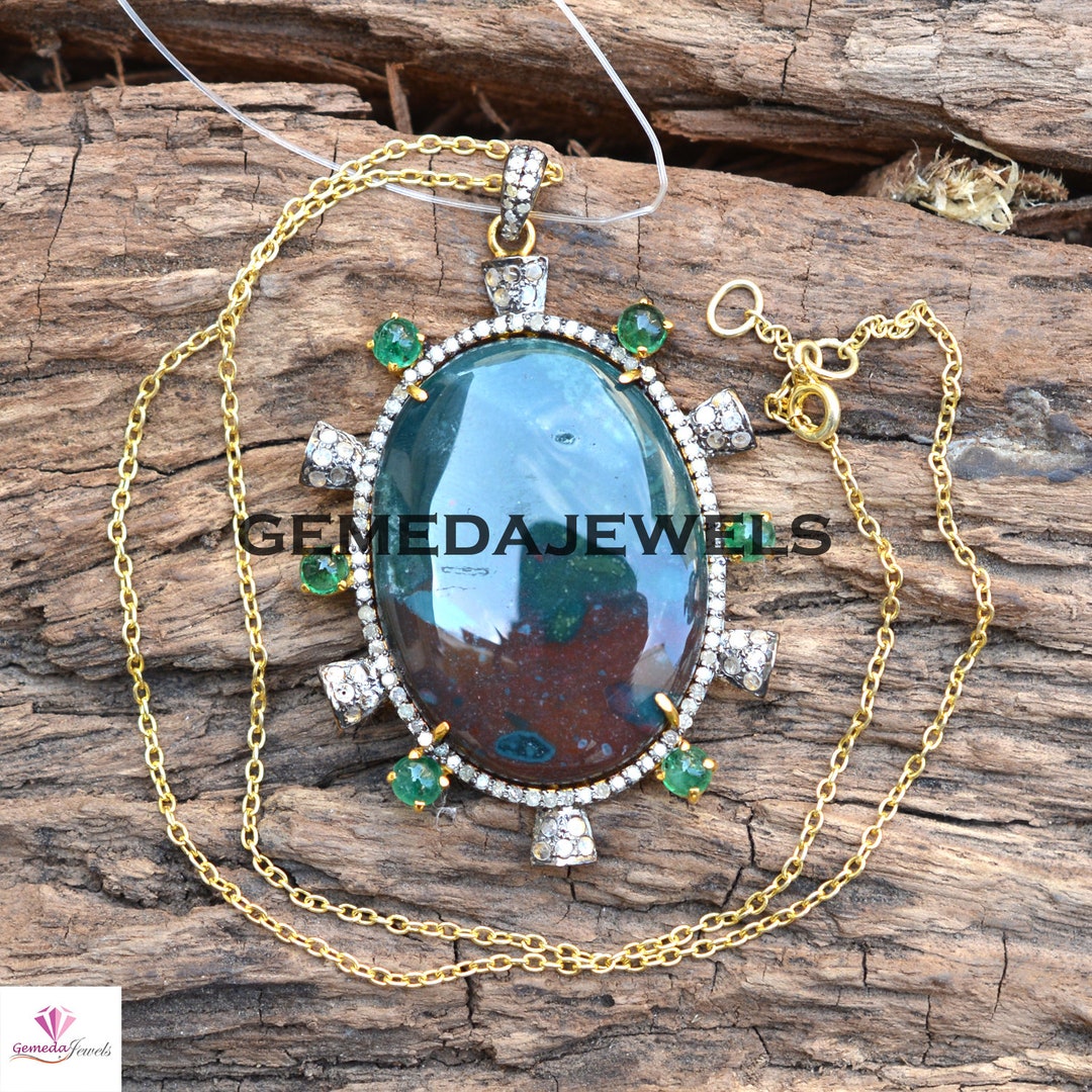 Handmade Jasper Gemstone Pendant: Emerald, Pave Diamond, 925 Silver ...