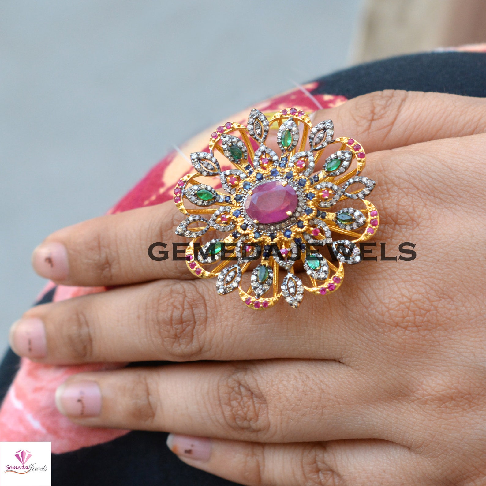 Multi Gemstone Ring Flower Gemstone Ring Pave Diamond - Etsy