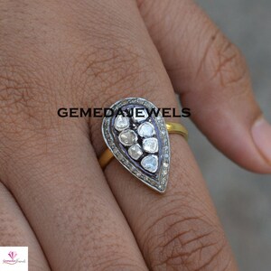 Polki Diamond Silver Ring, Pear Shape Ring Jewelry, Pave Diamond Ring ...