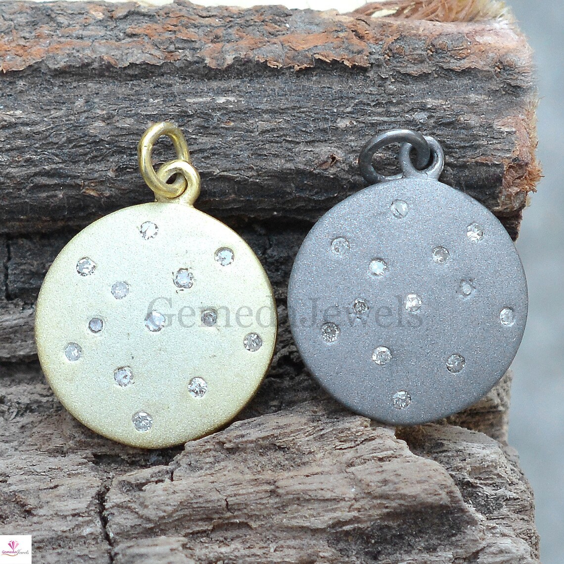Handmade Pave Diamond Disc Pendant, 925 Silver Gold Vermeil, Matte ...