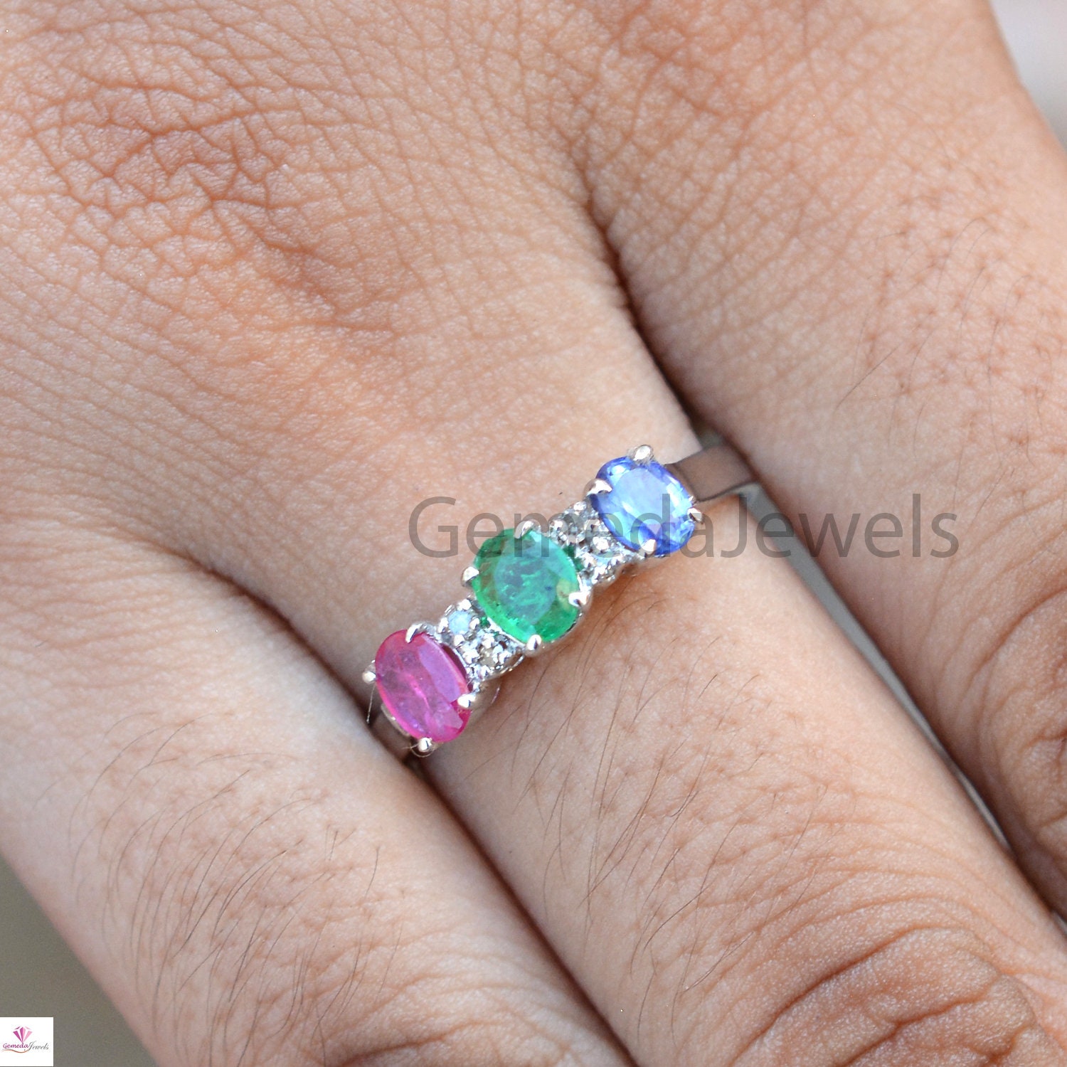 Natural Ruby Emerald Sapphire Ring Sterling Silver Jewelry | Etsy