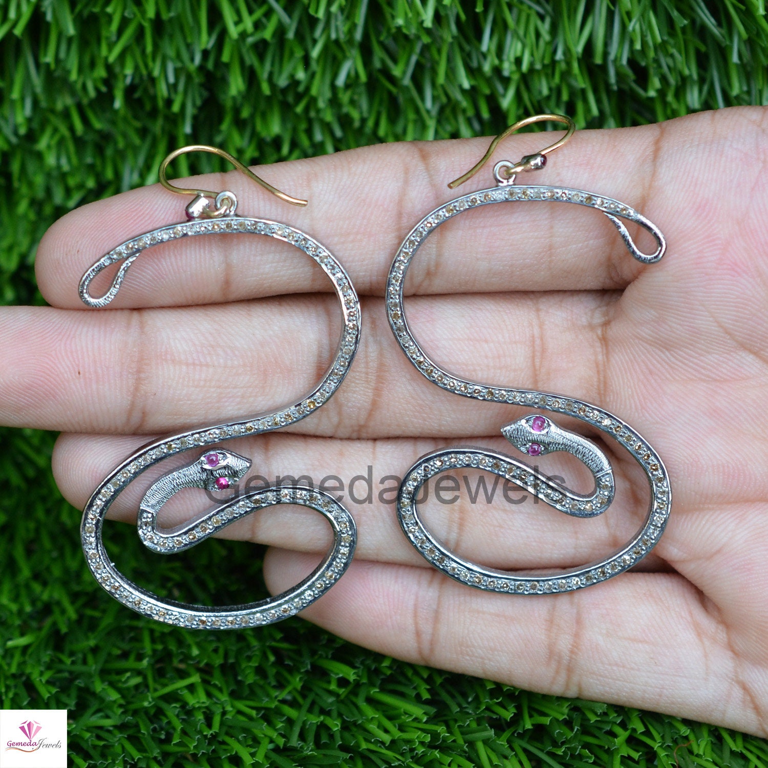 Pave Diamond Snake Sterling Silver Earrings Red Ruby Eye | Etsy