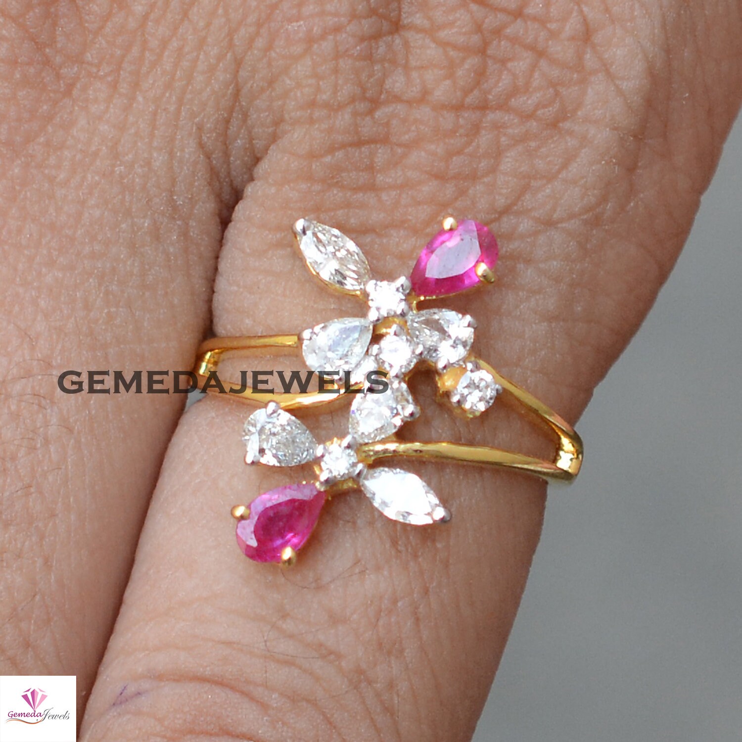 14k Yellow Gold Ring Ruby Gemstone Ring Pave Diamond Ring - Etsy