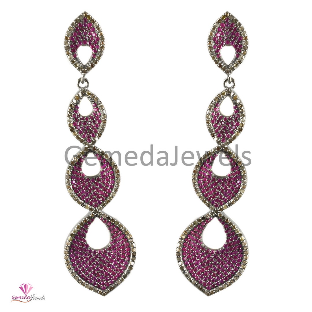 Sale Genuine Ruby Earrings, Real Pave Diamond Jewelry, 925 Silver ...