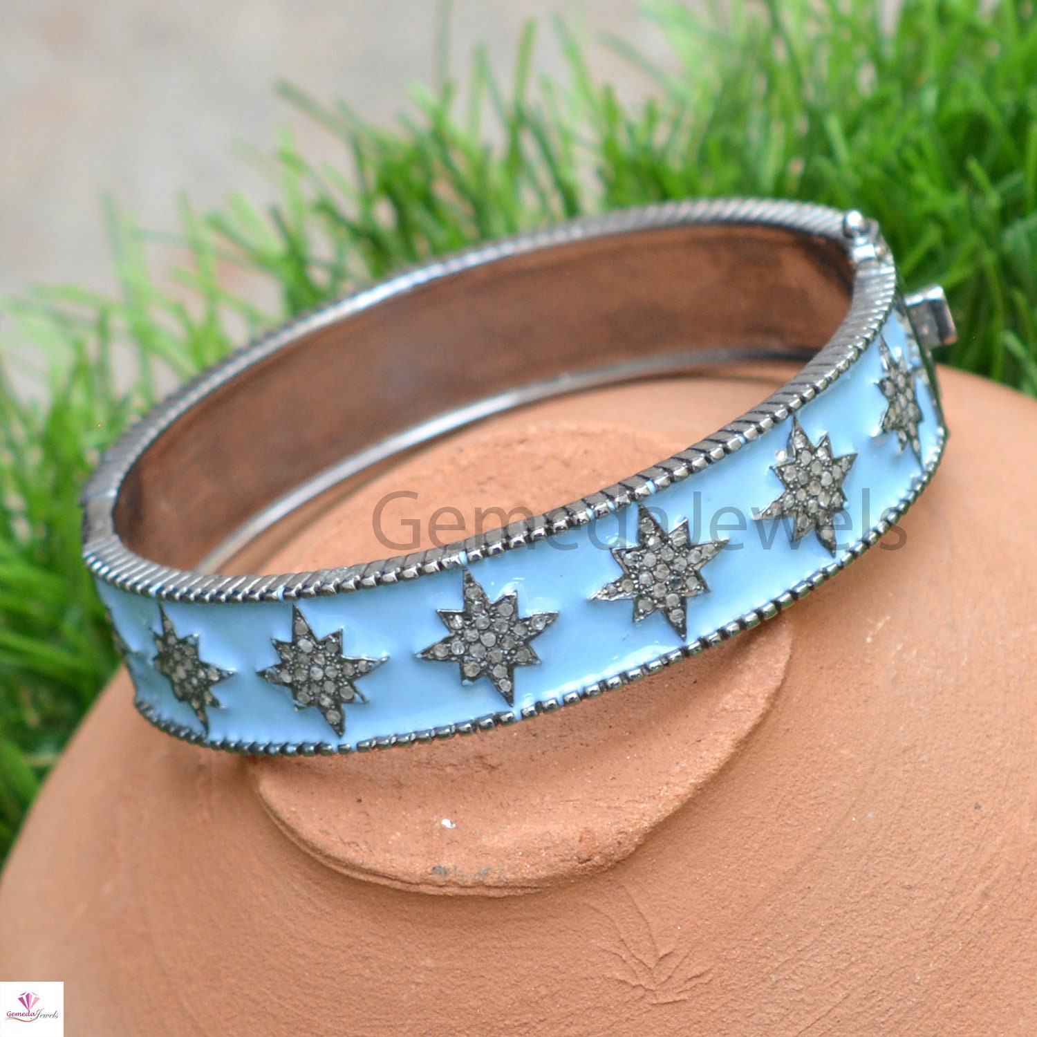 Sale Pave Diamond STAR Cuff Bangle Blue Enamel Bangle | Etsy