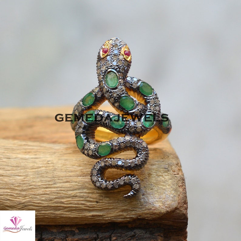 Natural Emerald Snake Ring Pave Diamond Jewelry 925 Silver - Etsy