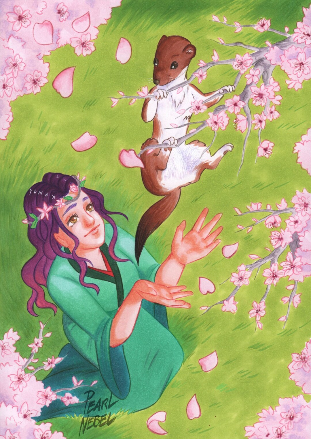 Illustration Card Drawing With Markers Hanami, Under the Cherry ...