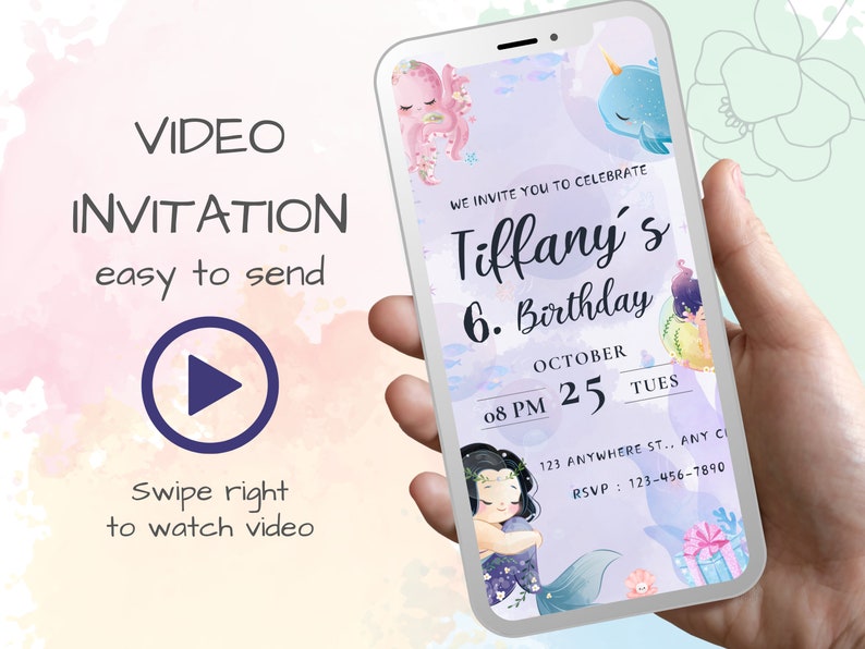 Kids Party E Invite, Mermaid Birthday Video Invitation, Personalized ...